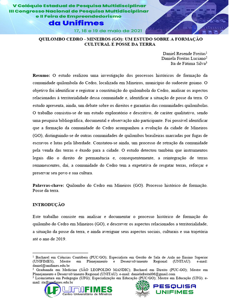 Formação e Posse do Quilombo Cedro GO | PDF | Agricultura | Brasil