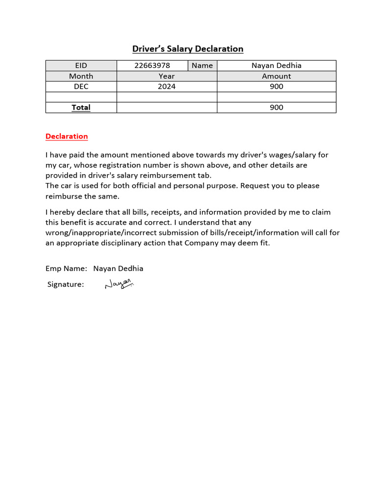 Driver Salary Declaration Dec 2024 | PDF
