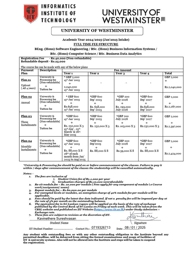 UG Fee Strcutures - CS - Jan - 2025 | PDF | Payments | Banks