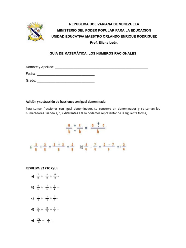 Guia de Matem-Tica Numeros en Q | PDF | Sustracción | Objetos matemáticos