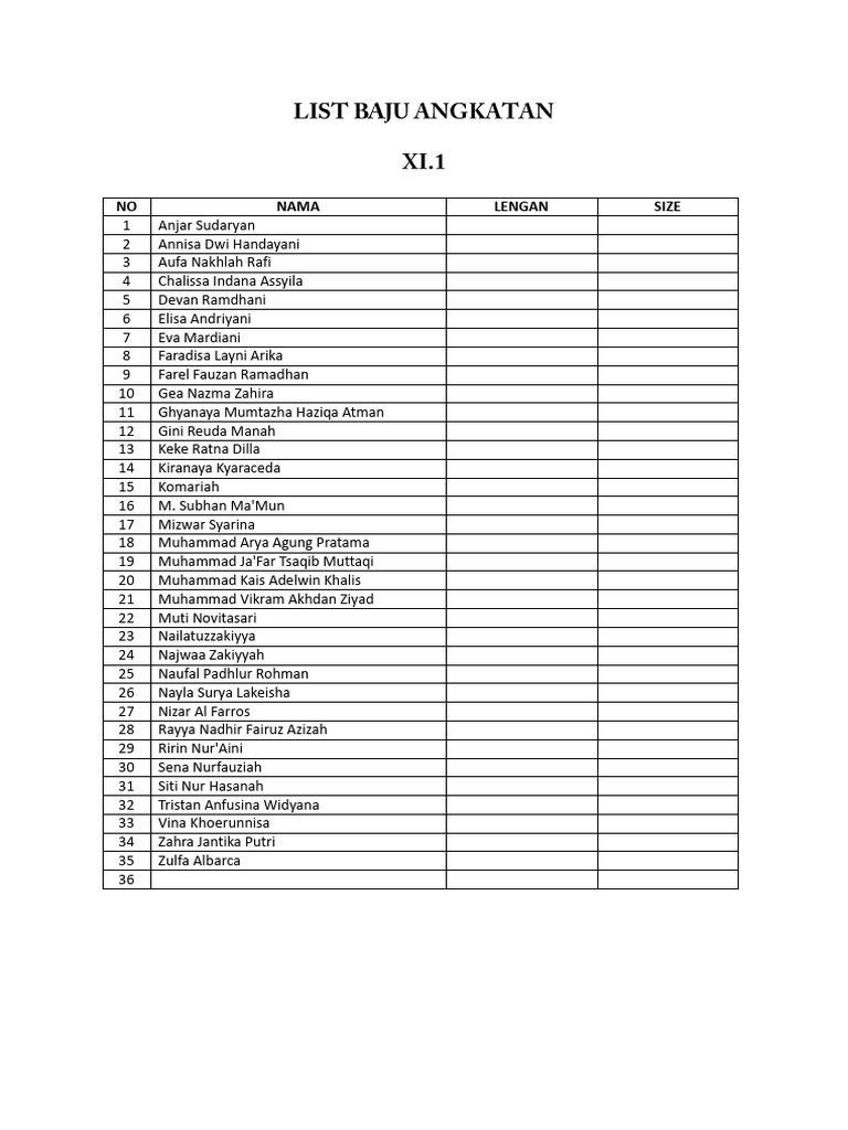 Lembar List Baju Angkatan | PDF