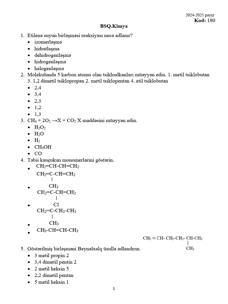 180 1. Etilen Suyun Birl: Kod: BSQ - Kimya | PDF