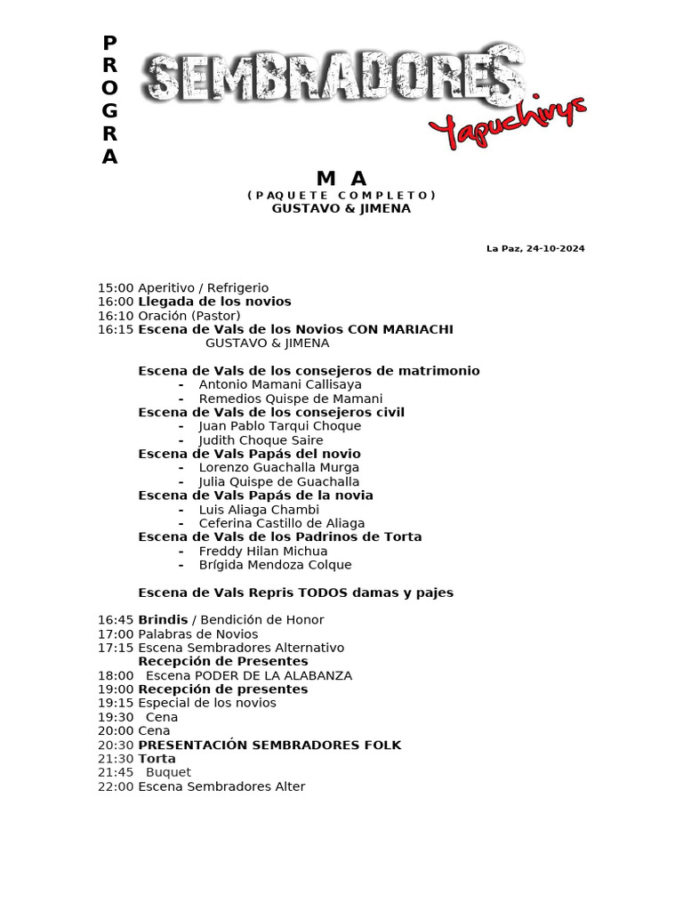 Programa de Boda de Gustavo y Jimena | PDF