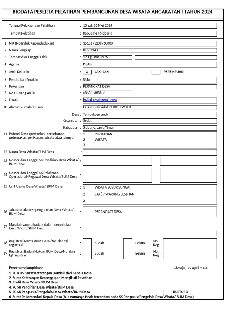 Form Biodata Peserta Pelatihan Deswita Sidoarjo | PDF