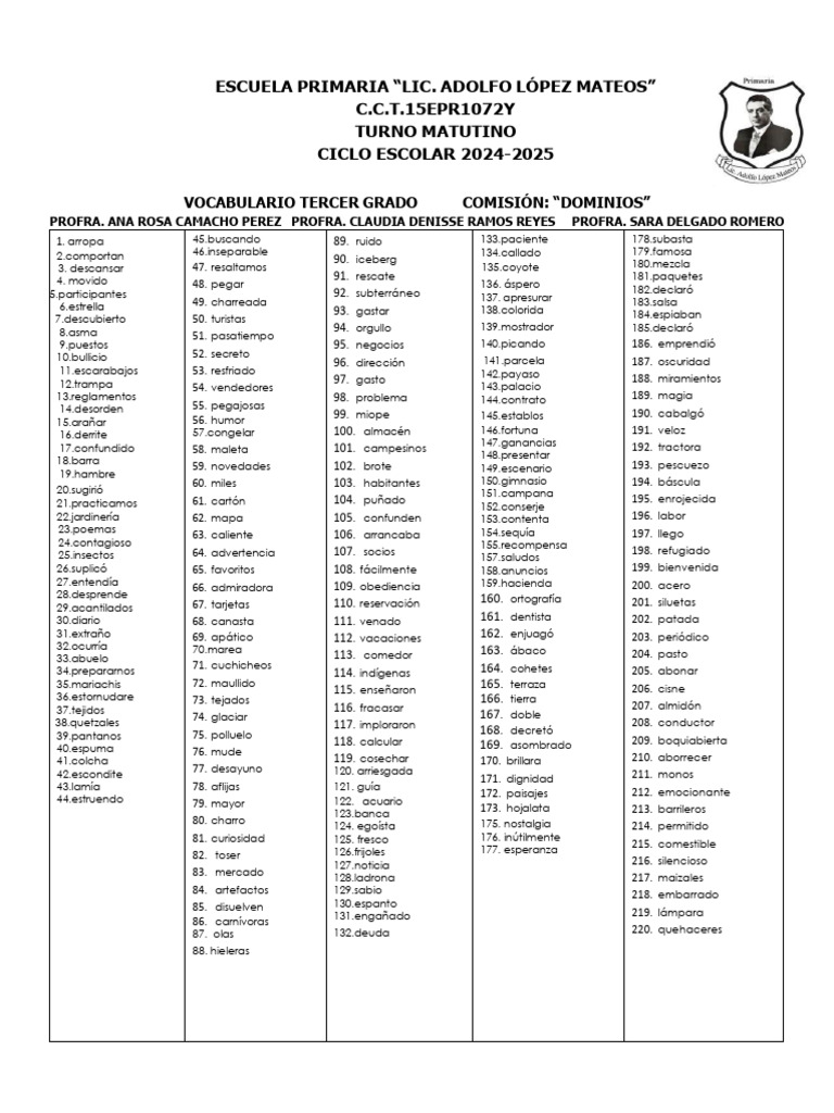 Vocabulario Tercer Grado Primaria 2024-2025 | PDF