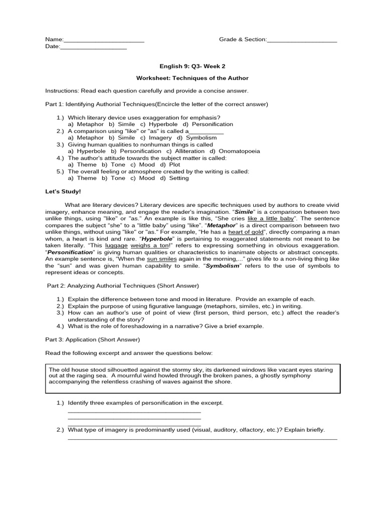 Author Techniques Worksheet for English 9 | PDF | Narration | Metaphor
