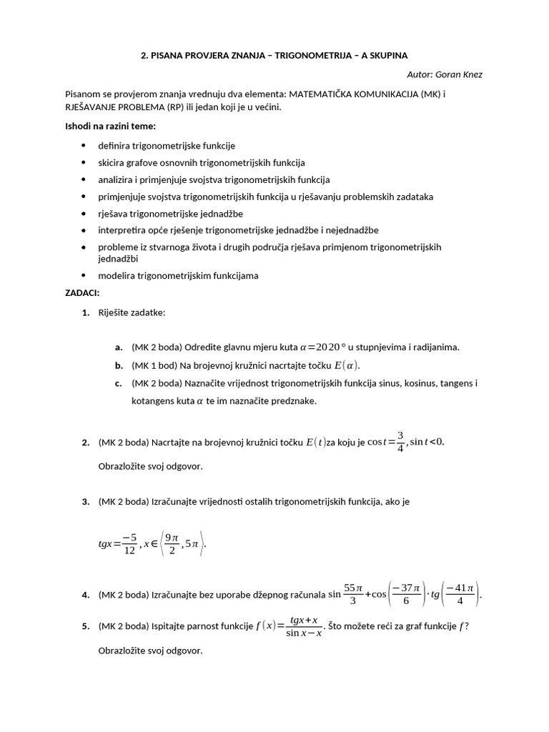 PISANA PROVJERA ZNANJA - TRIGONOMETRIJA - 1. Inačica - 2 Skupine | PDF