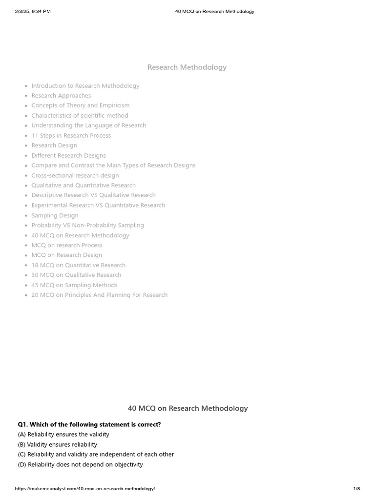 40 MCQ On Research Methodology | PDF | Methodology | Sampling (Statistics)