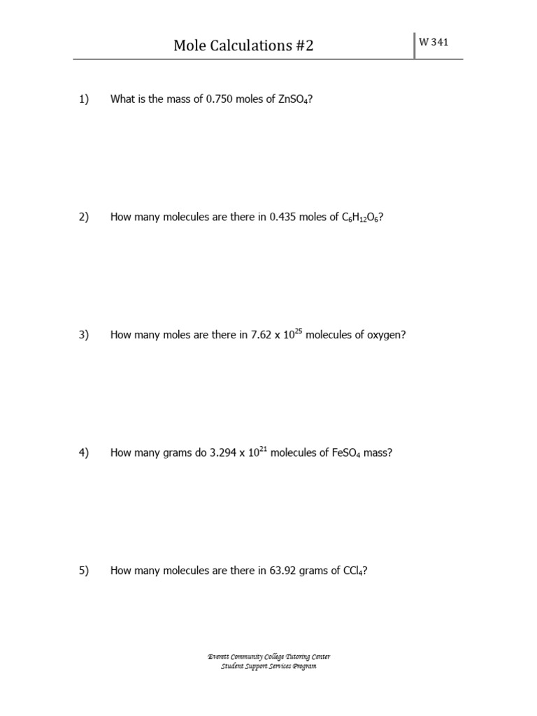 w341 Mole Calculations Worksheet 2 | PDF