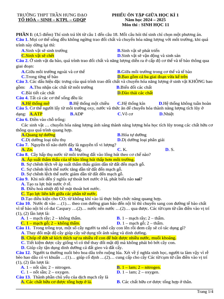 CÂU HỎI - ÔN TẬP - GK1 - SINH 11 - 1 | PDF