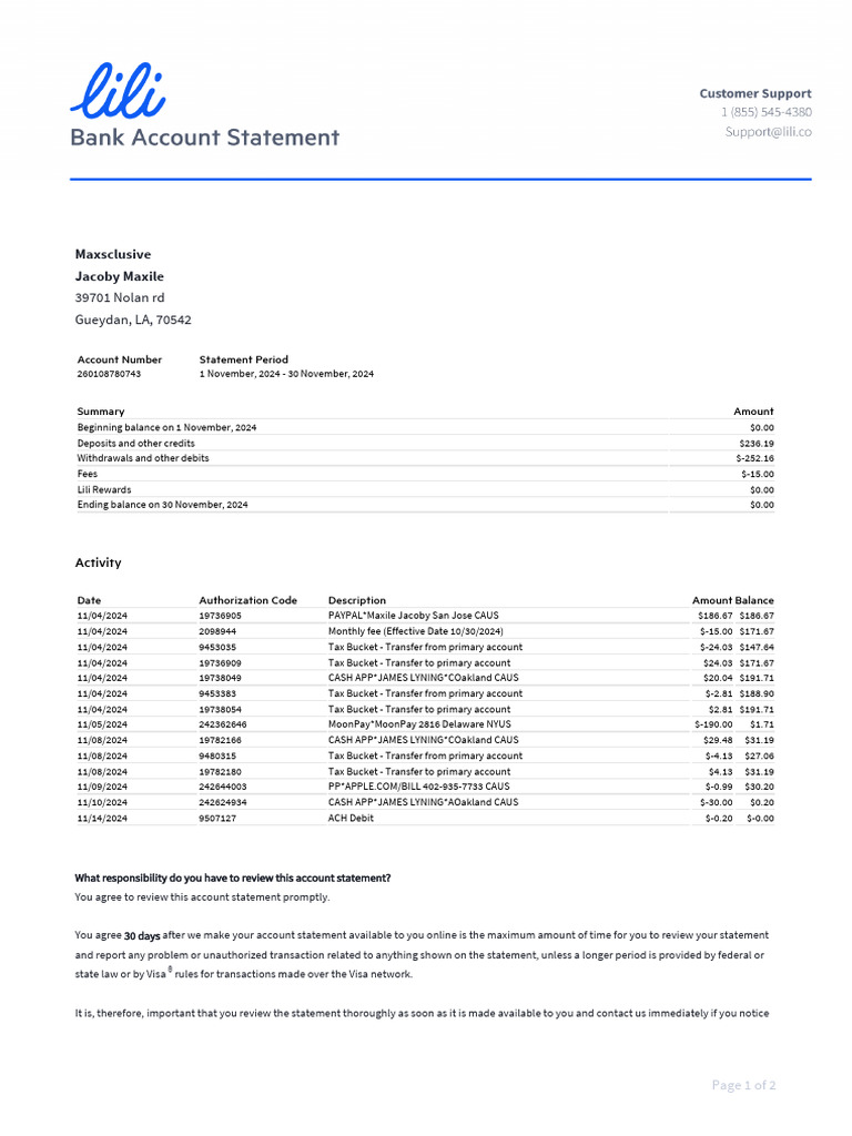 Lili Monthly Statement 2024-11 | PDF | Visa Inc. | Business