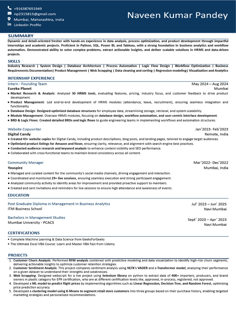 Naveen Kumar Pandey Resume | PDF | Analytics | Machine Learning