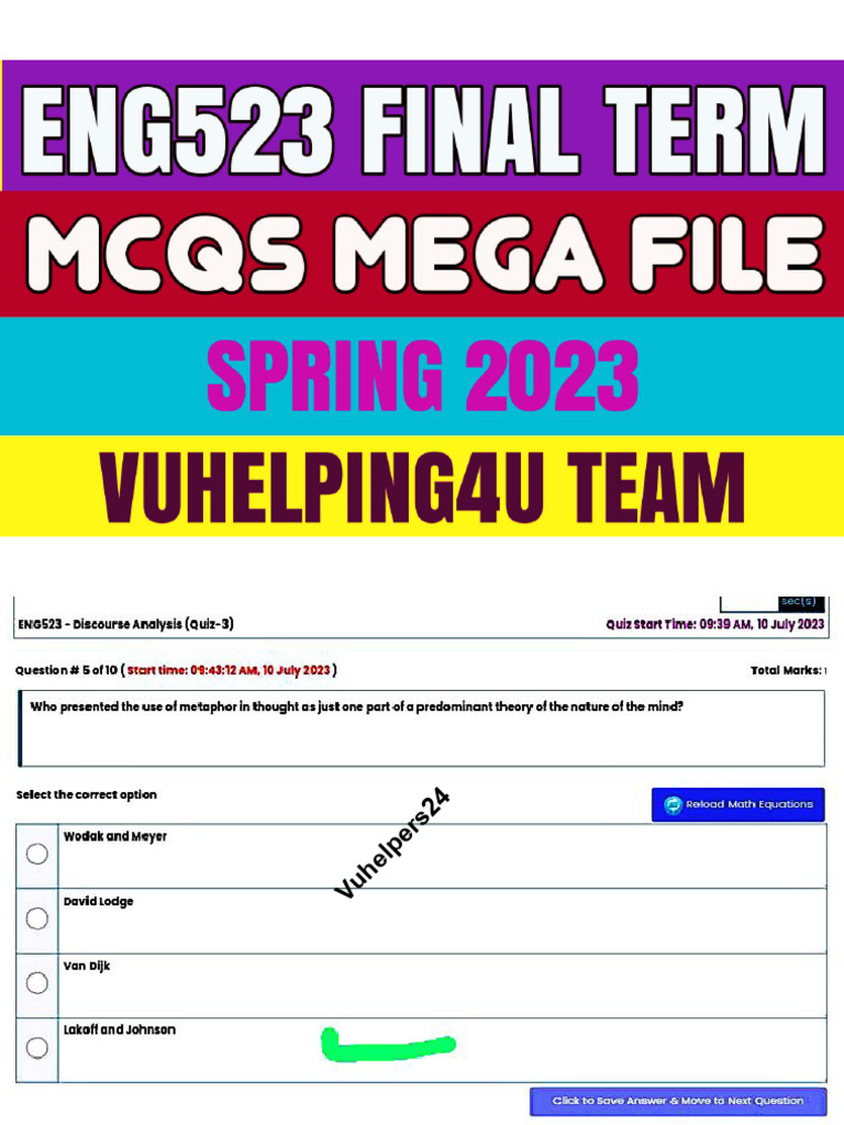 Eng523 Final Term MCQS MEGA FILE Spring 2023 Solved by Vuhelping4u, Sir - Zahid | PDF