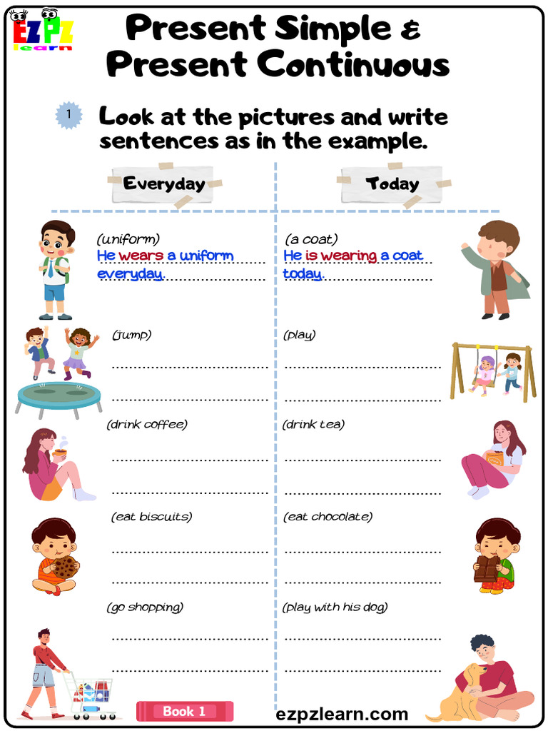 Present Simple and Continuous Look at The Pictures and Write - Removed ...