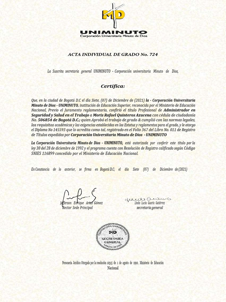 Acta de Grado Uniminuto Moris | PDF