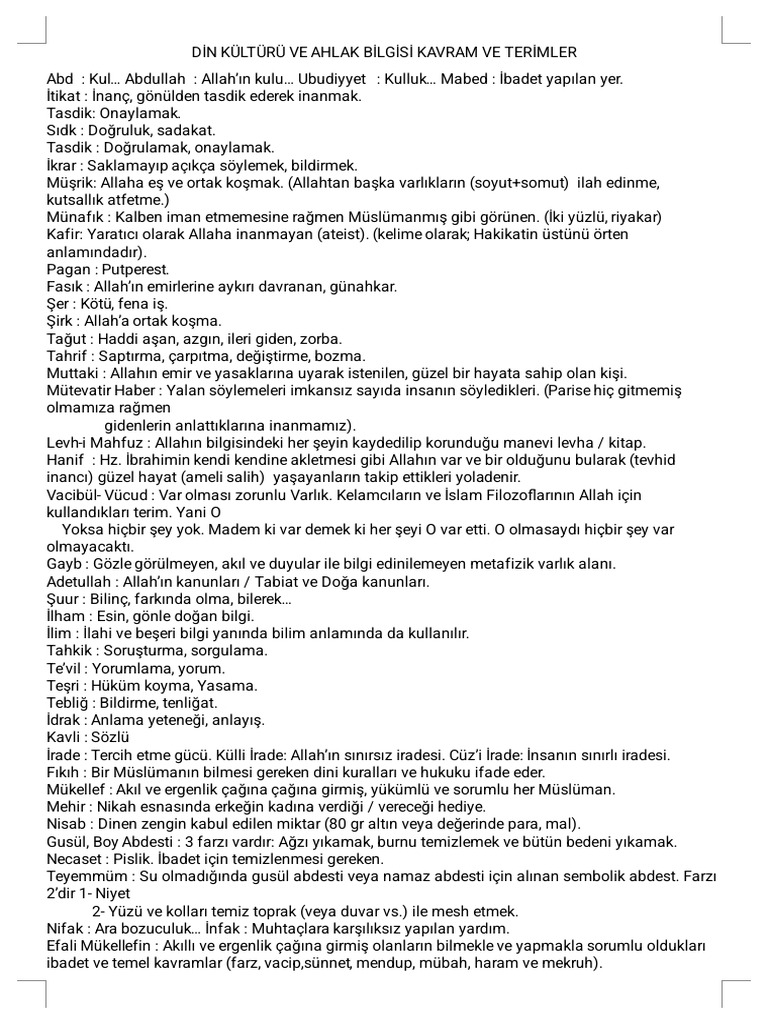 DİN KÜLTÜRÜ VEBAHLAK BİLGİSİ KAVRAM VE TERİMLER | PDF