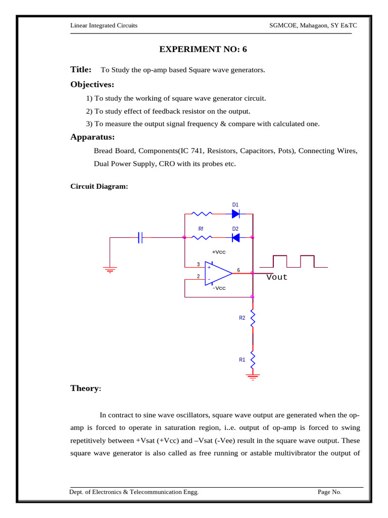 6) Square Wave Generator | PDF | Operational Amplifier | Electronic ...