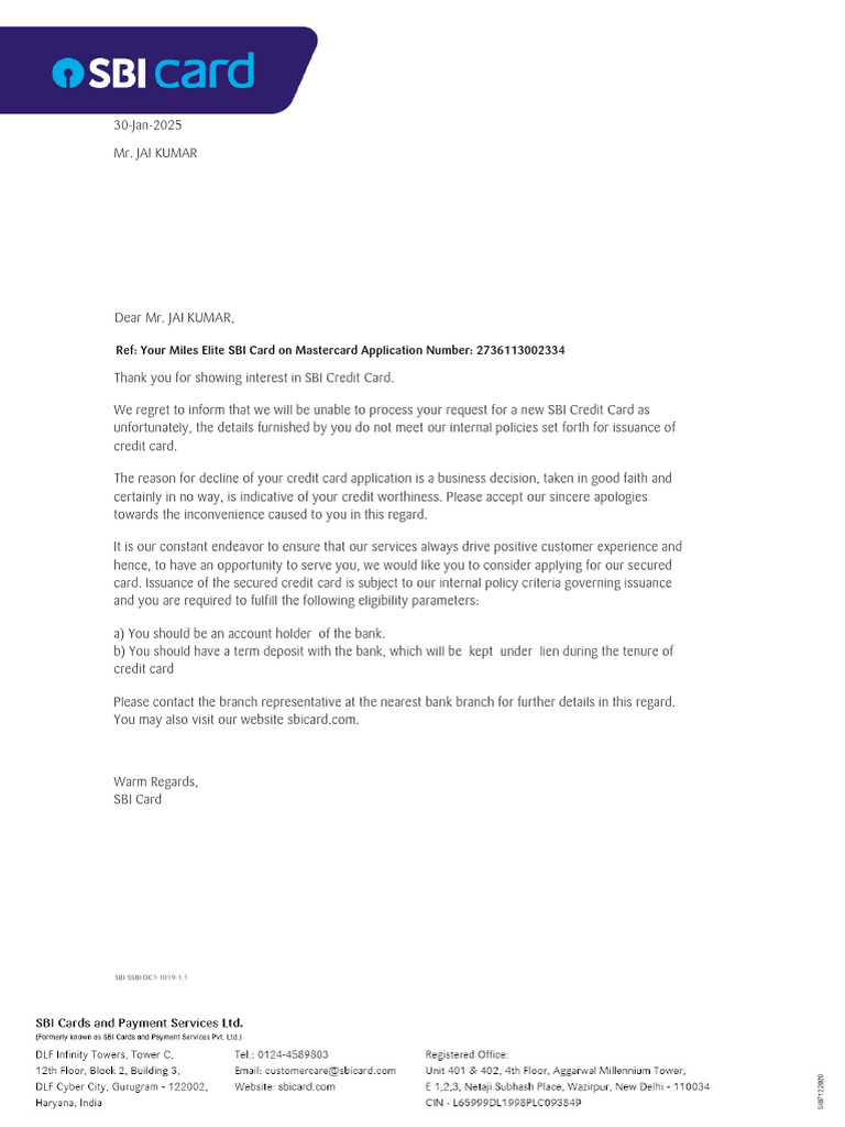 SBI Credit Card Application Decline Notice | PDF