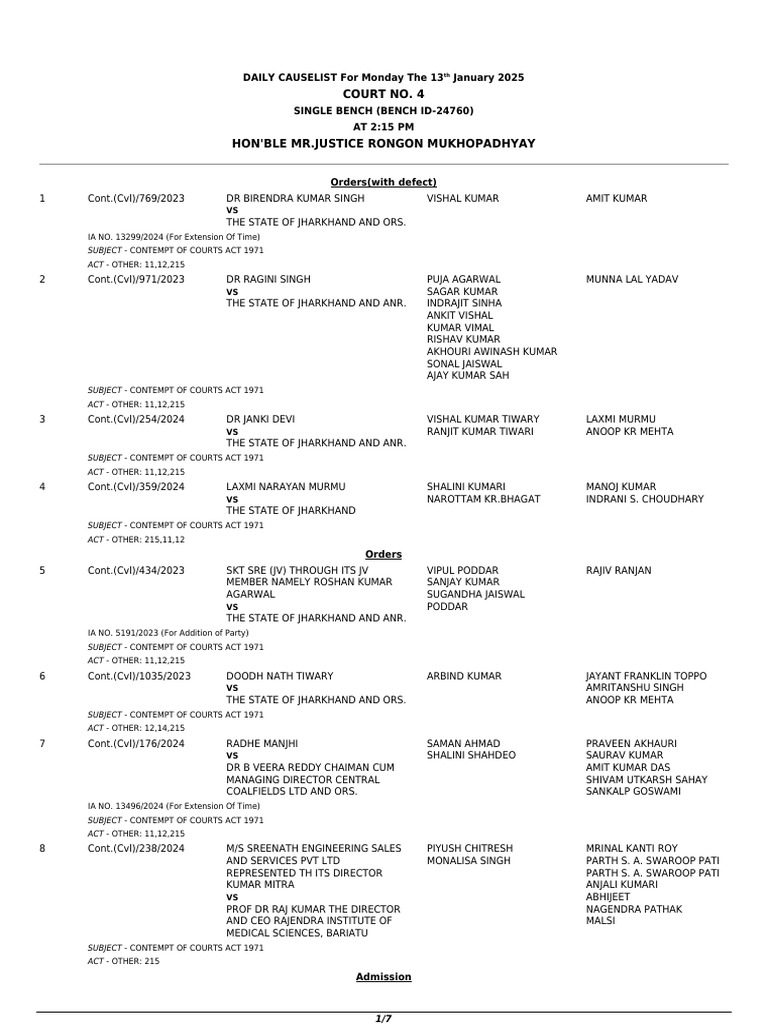 Daily Cause List for Jharkhand High Court | PDF