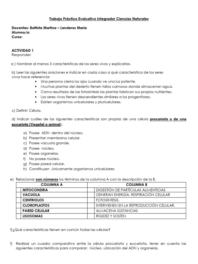 t.p integrador ciencias naturales 2 do C y D | PDF | Plantas | Biología Celular)