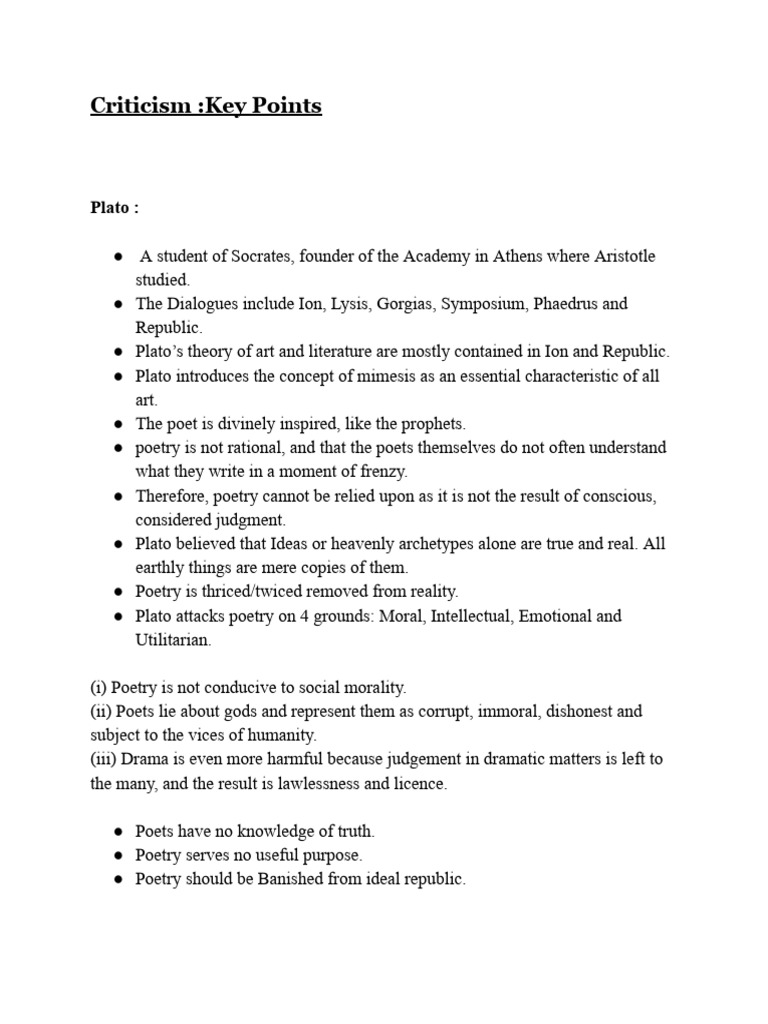 Criticism -Key Points | PDF | Aristotle | Poetry