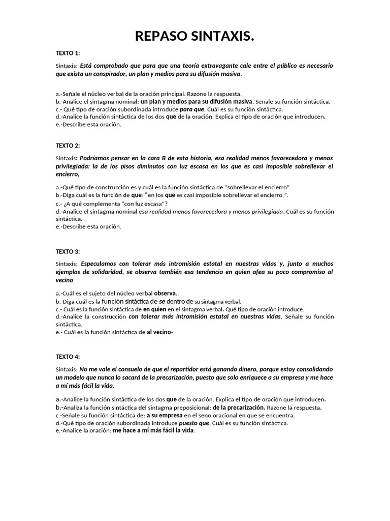 Repaso Sintaxis. Ejercicios | PDF