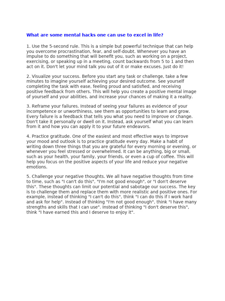 What are some mental hacks one can use to excel in life | PDF