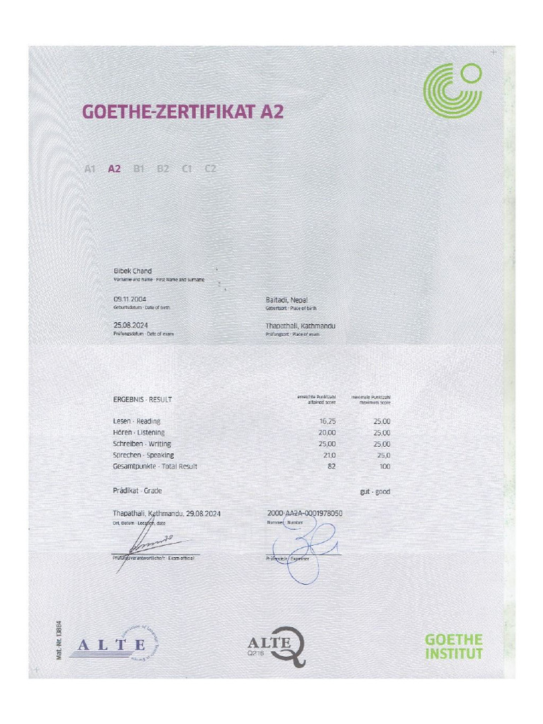 Bibek Chand A2 Goethe Certificate | PDF