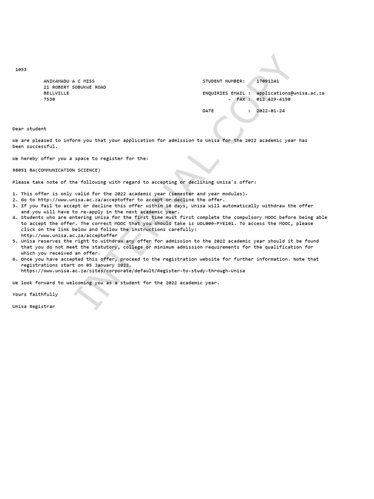 Unisa Application 17091241 | PDF