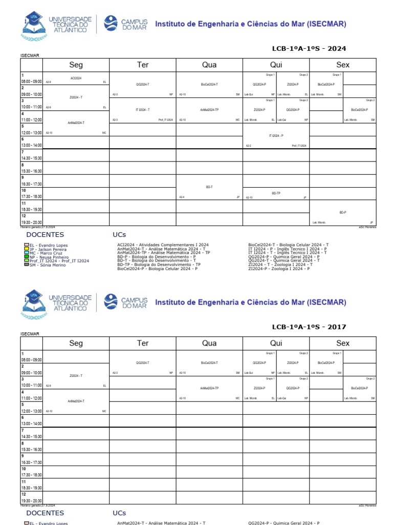 Isecmar Horários Ucs 1ºsemestre 2024 2025 | PDF | Matemática | Science