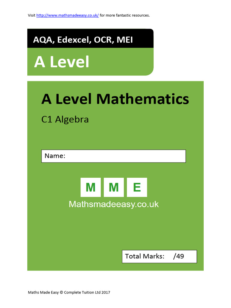 C1 A Level Maths Algebra Questions For AQA OCR Edexcel and MEI | PDF ...
