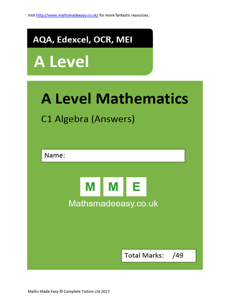 C1 A Level Maths Algebra Answers | PDF | Quadratic Equation | Algebra