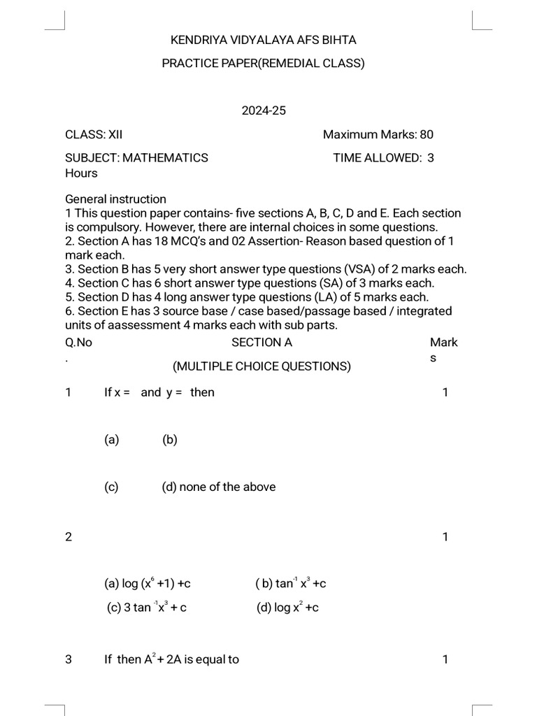 12 Maths Practise Paper Remedial 2024-25 | PDF | Mathematical Objects ...