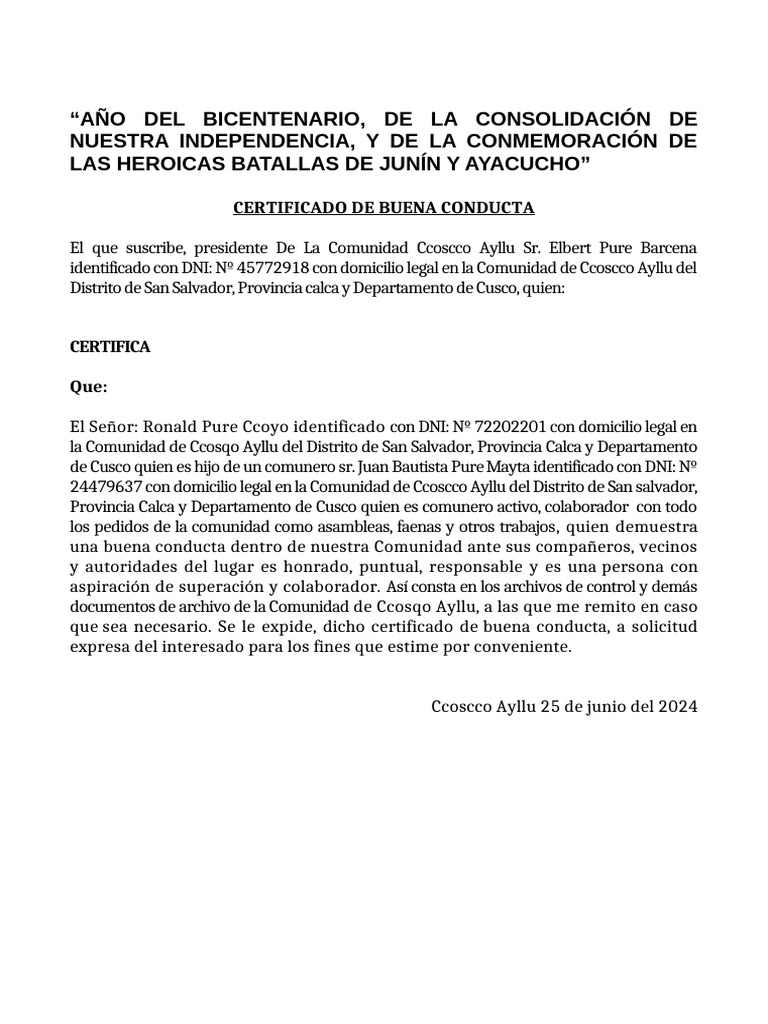 CERTIFICADO DE BUENA CONDUCTA | PDF