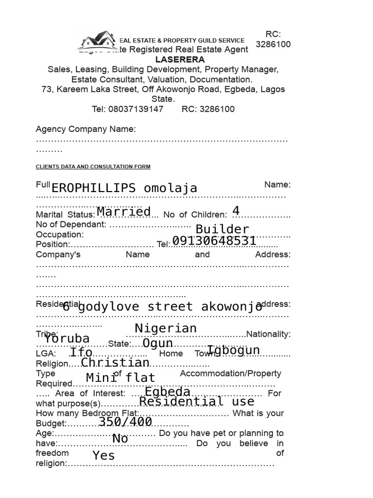 Lagos Real Estate Client Consultation Form | PDF | Private Law