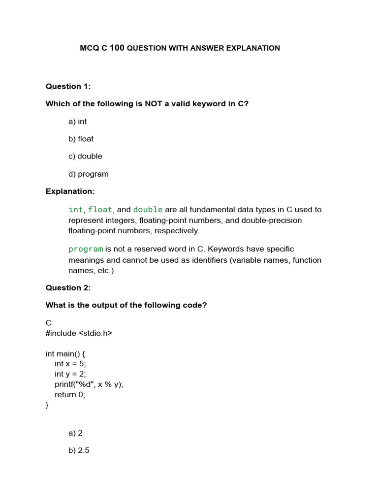 MCQ C 100 Question With Answer Explanation-1 | PDF | Pointer (Computer Programming) | Control Flow