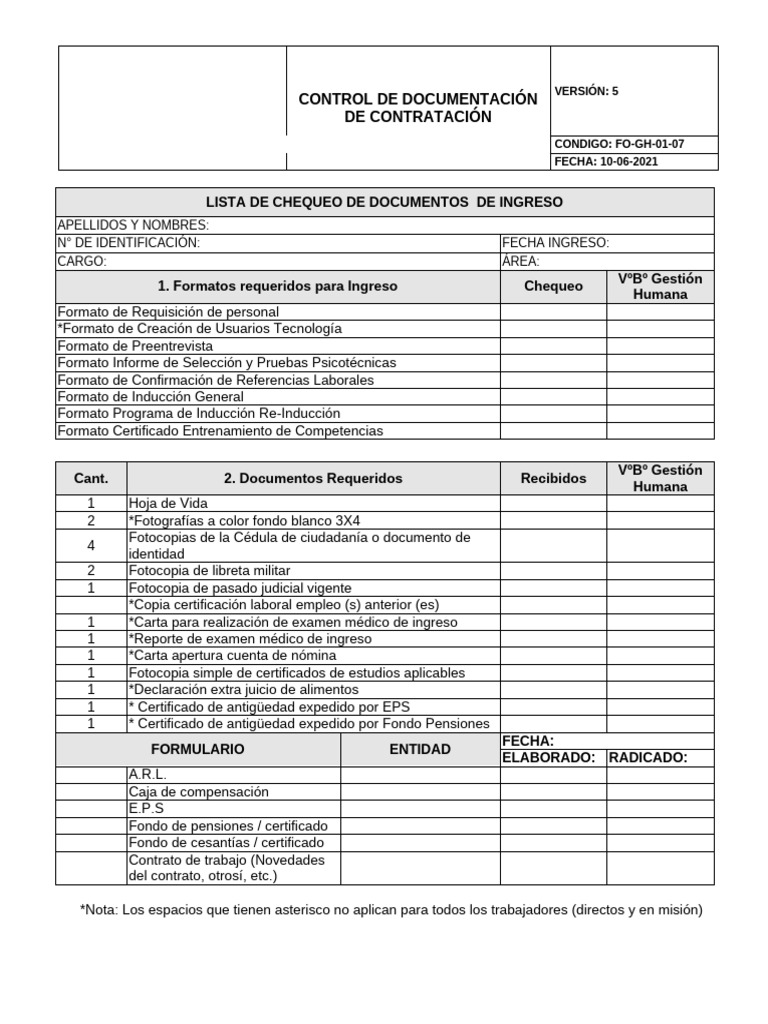 FO-GH-01-07 Formato Control Documento de Contratación V5 | PDF