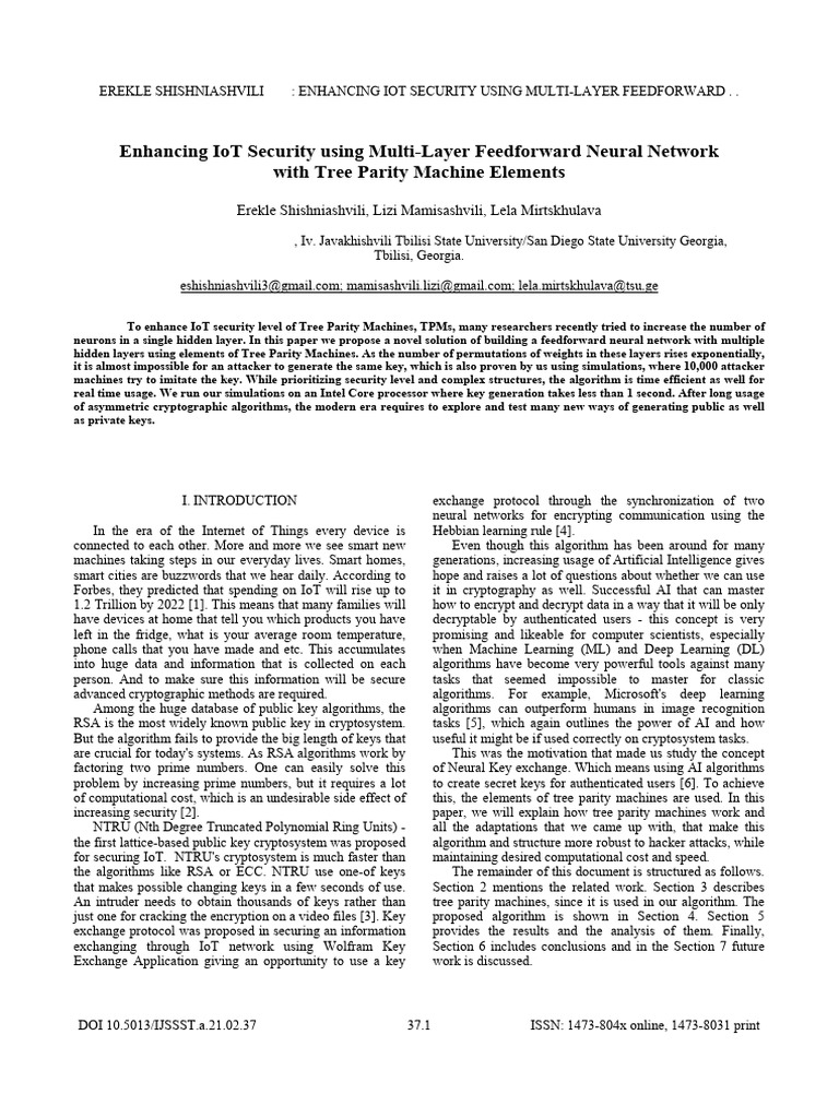 2020enhancing Iot Security Using Multi Layer Feedforward Neural Networkwith Tree Parity Machine