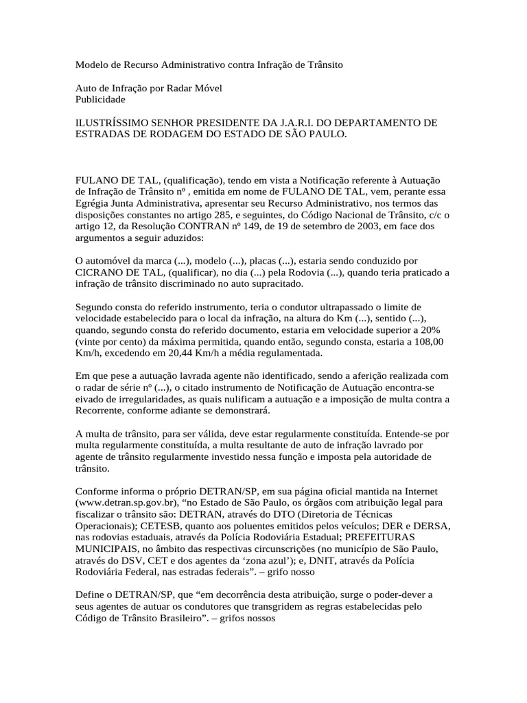 (Modelo) - Recurso Administrativo contra Infração de Trânsito | PDF ... (Modelo) - Recurso Administrativo contra Infração de Trânsito | PDF ...