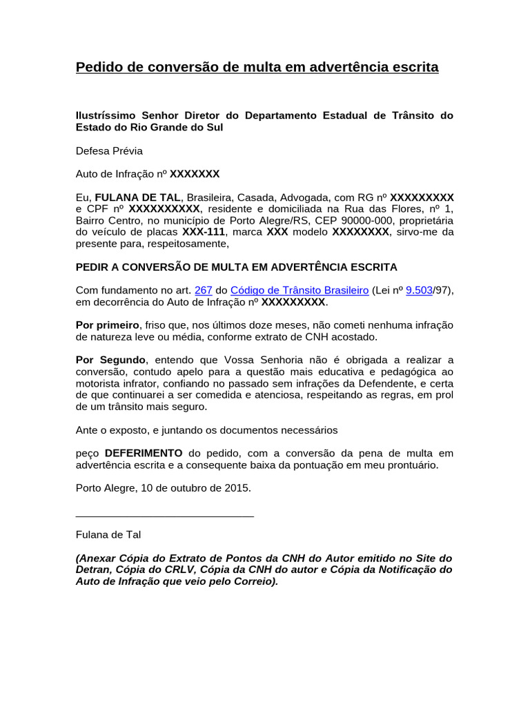 Modelo - Requerimento para Conversão de Multa em Advertência - Copia | PDF