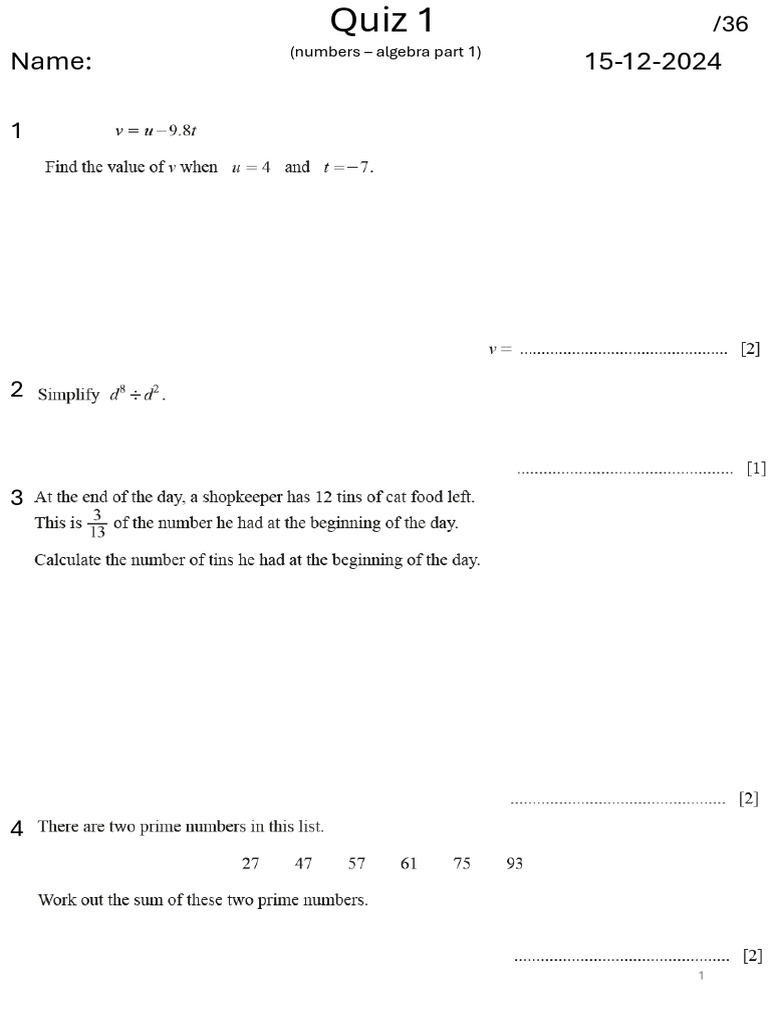 Quiz 1 (Numbers & Algebra Part 1) | PDF