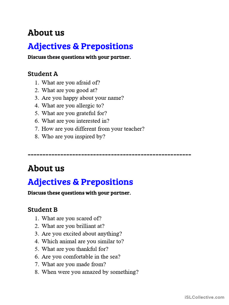 Adjectives and Prepositions Discussion Questions | PDF