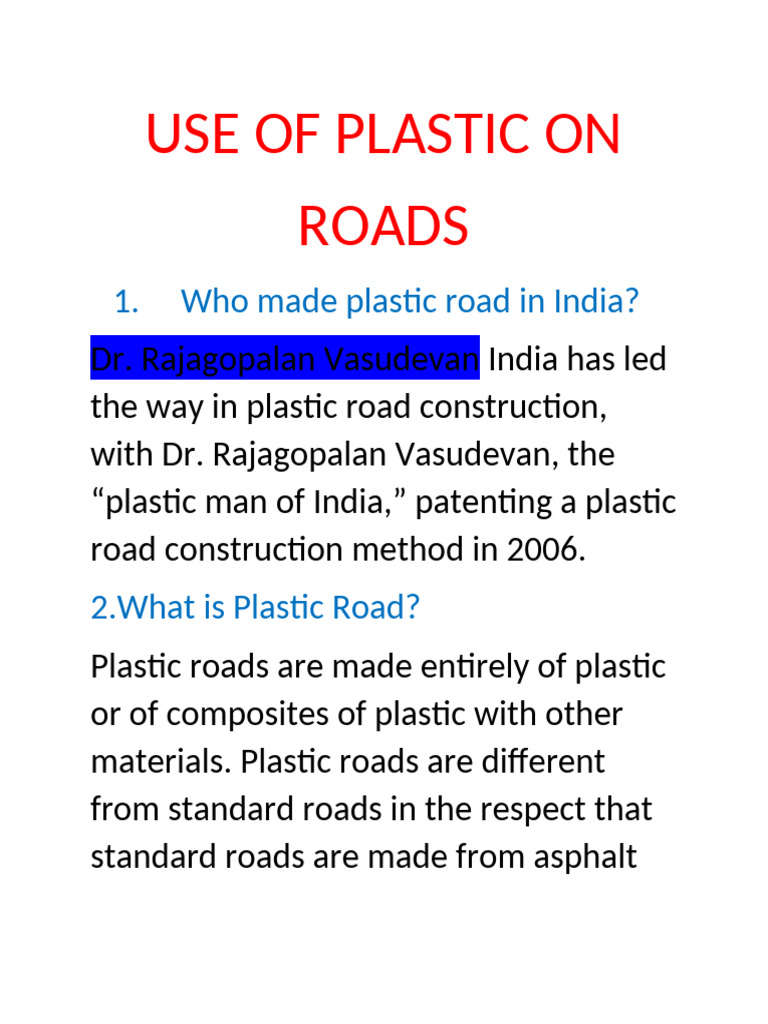 Plastic Roads: Innovation by Dr. Vasudevan | PDF