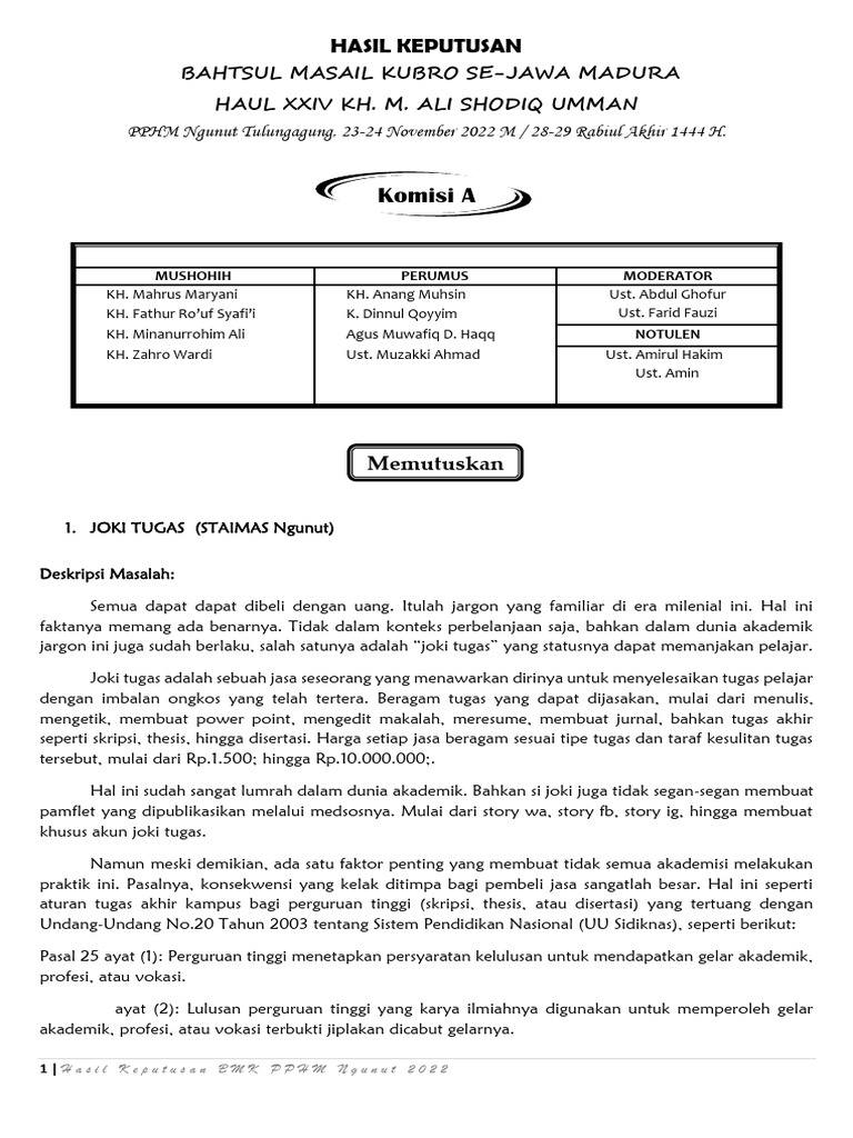 Hukum Joki Tugas dalam Bahtsul Masail | PDF