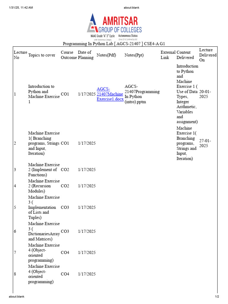 Python-Lab G1 (Lecture Plan) | PDF | Python (Programming Language) | Programming Paradigms
