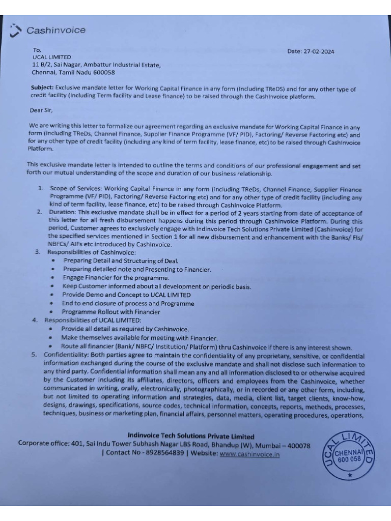 UCAL Limited- Executed Mandate Letter | PDF