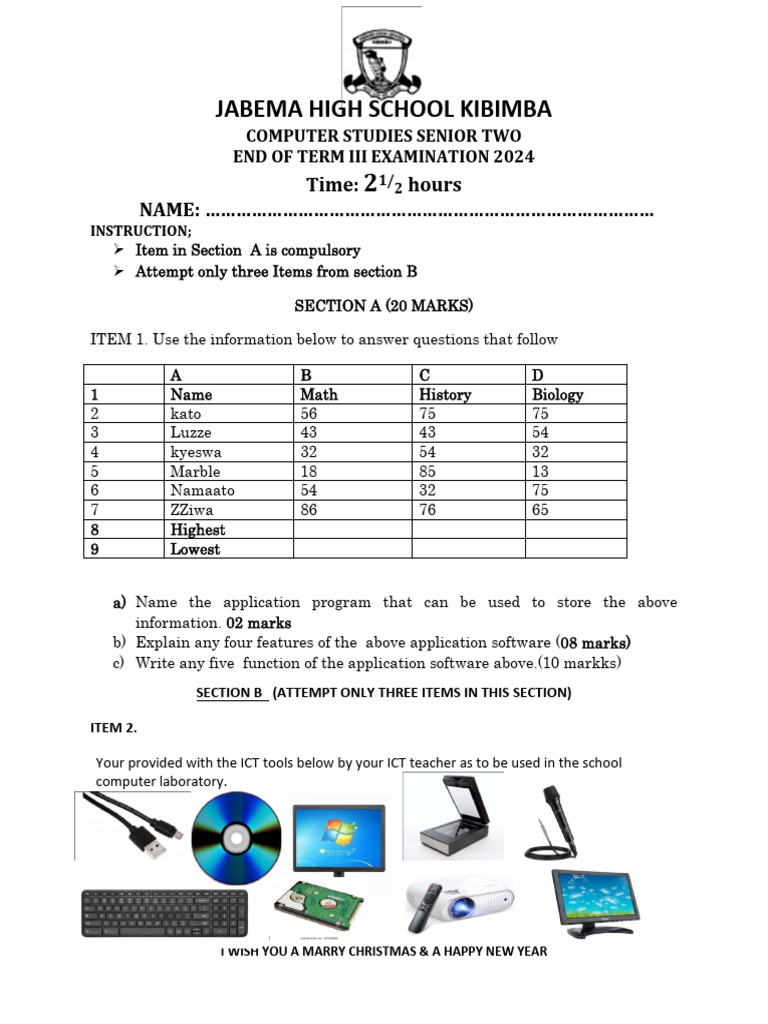 Computer Studies Senior Two End of Term III Examination 2024 | PDF | Educational Technology ...