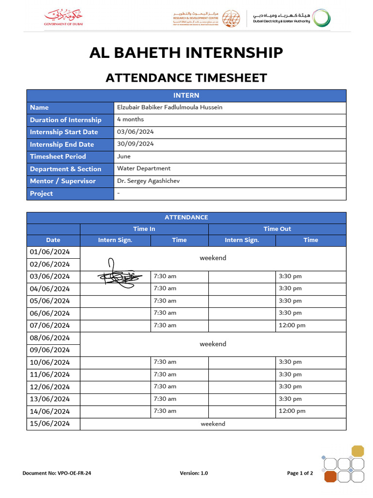 Elzubair's Al Baheth Internship Timesheet | PDF | Vocational Education | Teaching