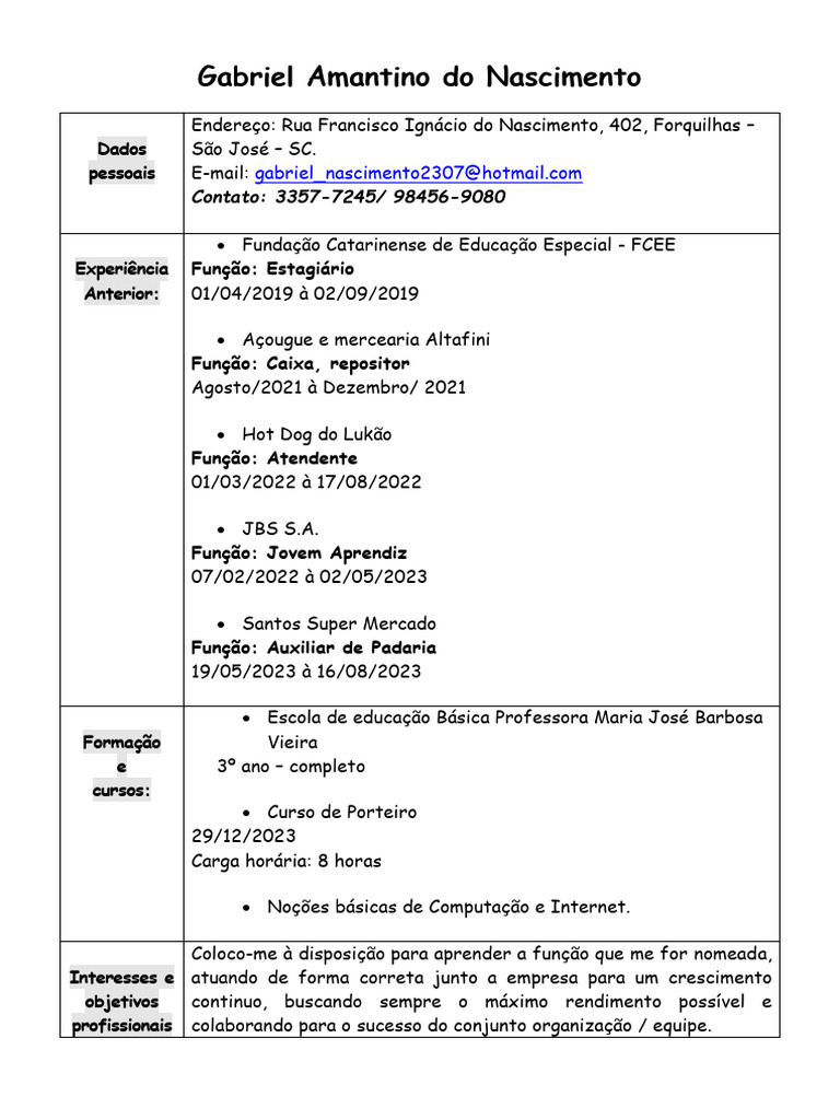 Curriculum Vitae Gabriel Amantino Do Nascimento 2024 | PDF