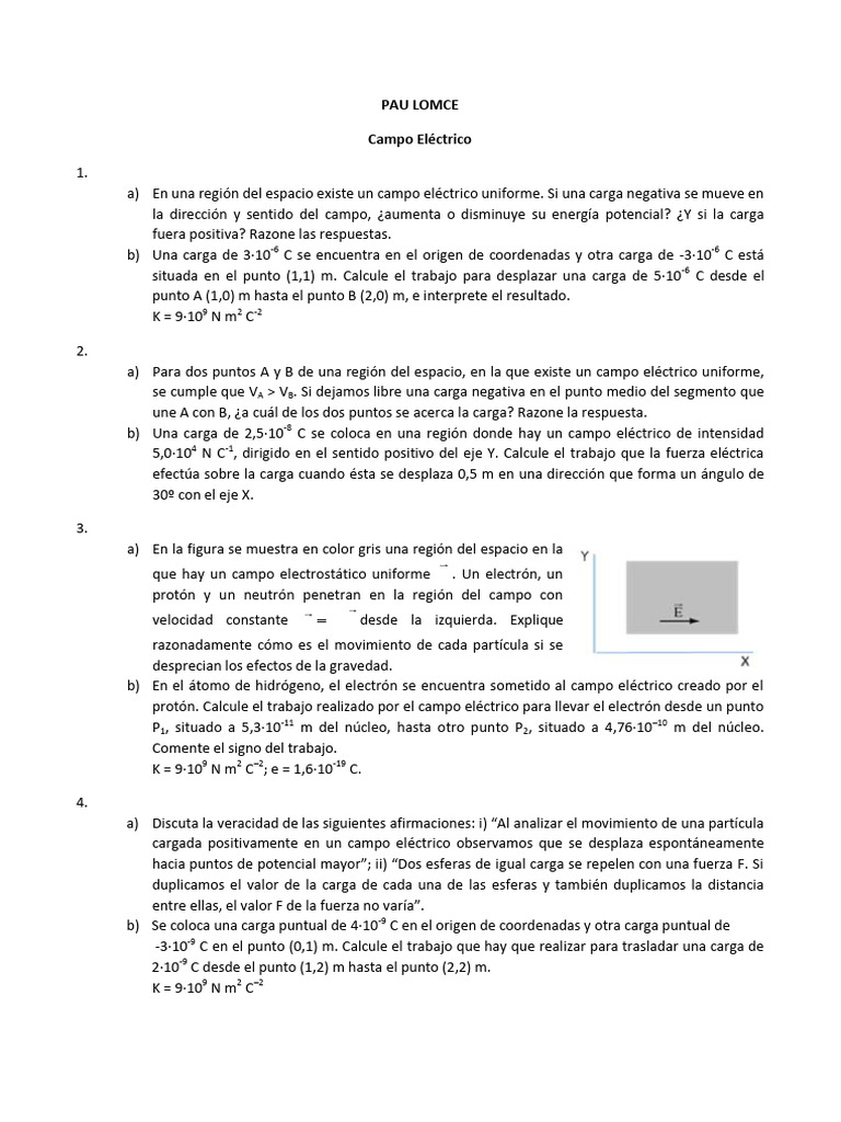 Problemas de Campo Eléctrico | PDF | Campo eléctrico | Fuerza